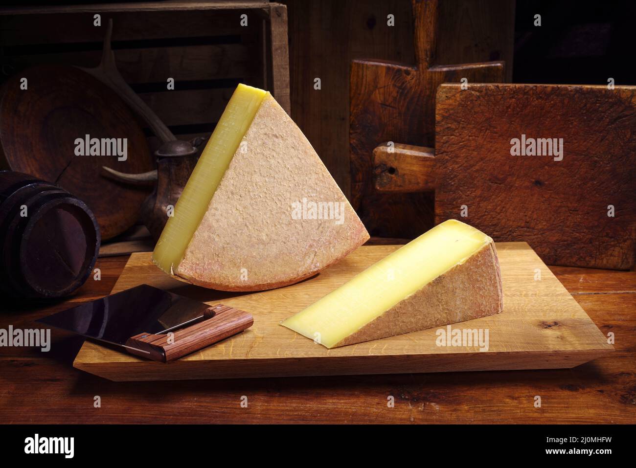 Traditional aged mountain cheese of the Alps offered as loaf and piece ...