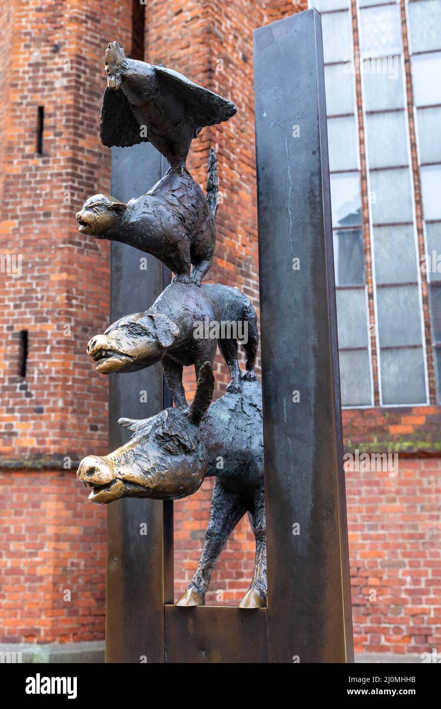 Riga Old Town. Statue of Bremen Town musicians. Medieval Gothic ...