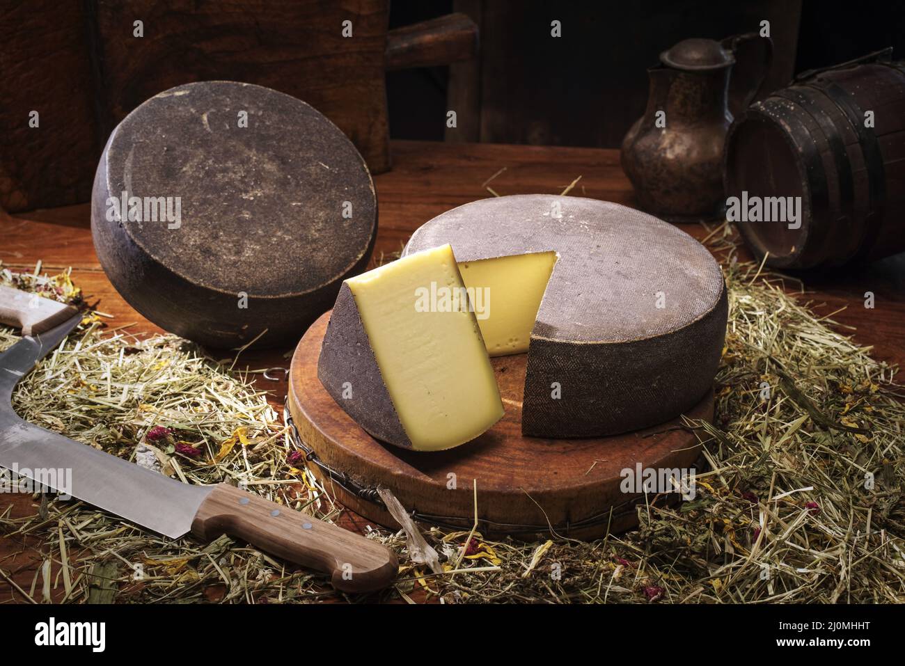 Traditional aged mountain cheese of the Alps offered as loaf and piece ...