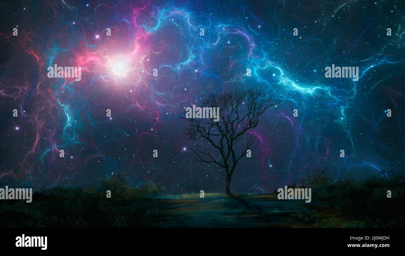 Space background. Colorful fractal nebula with land and tree silhouette ...