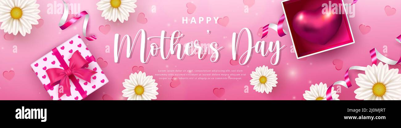 Happy mother's day daisy flower 3D present gift box with ribbon and red ...