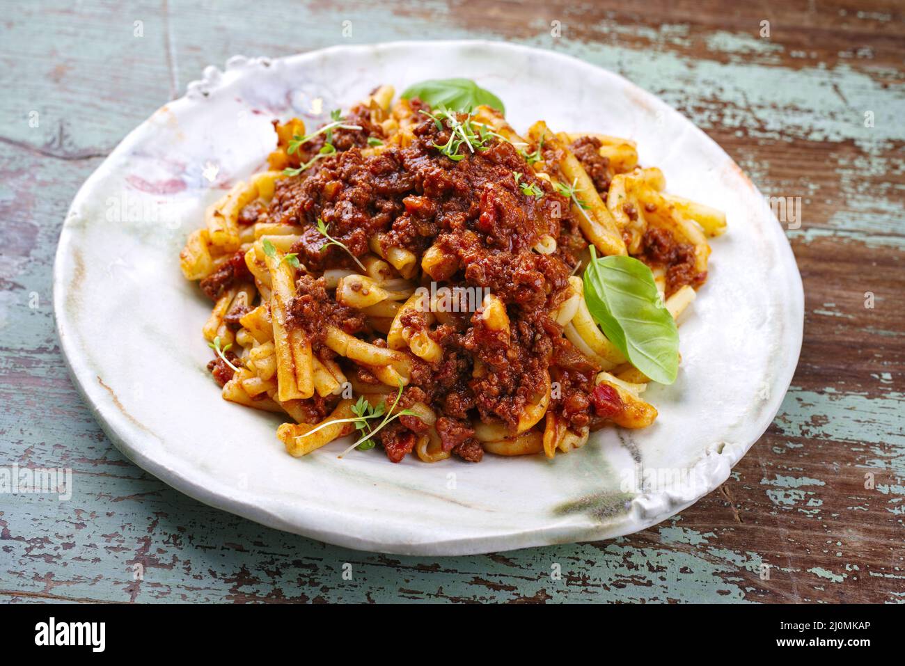 Casarecce al bronzo al rag italian pasta with minced meat tomato ragu ...
