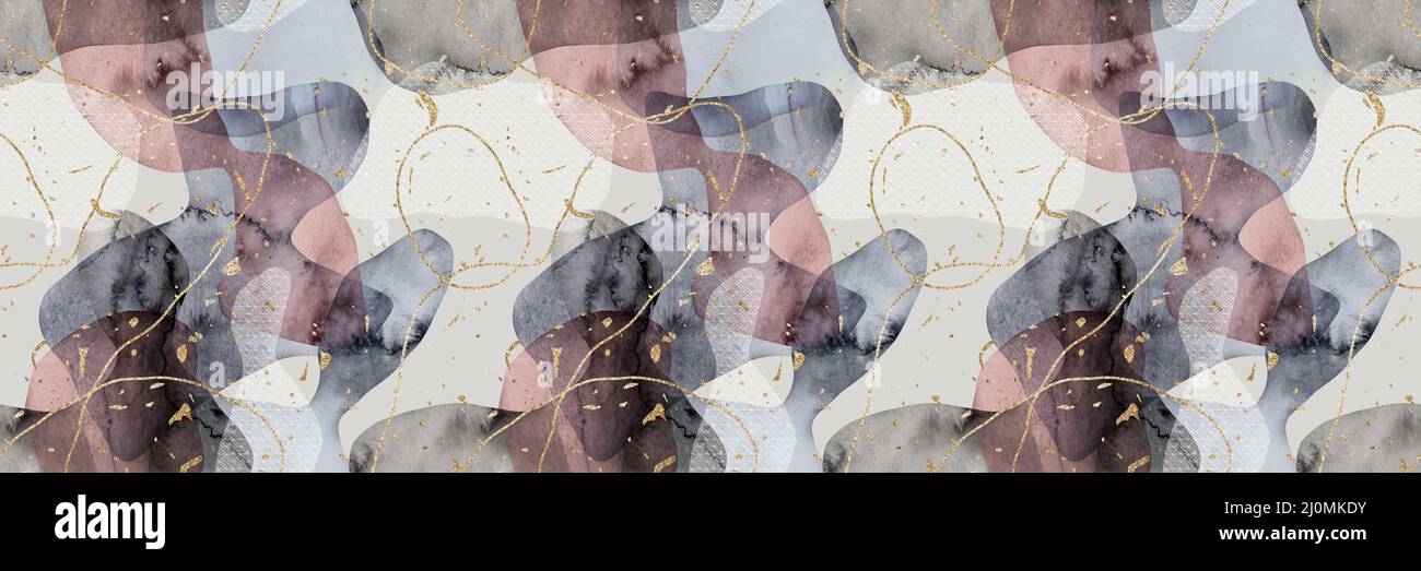 Seamless watercolor abstract organic blob shape overlay w gold lines ...