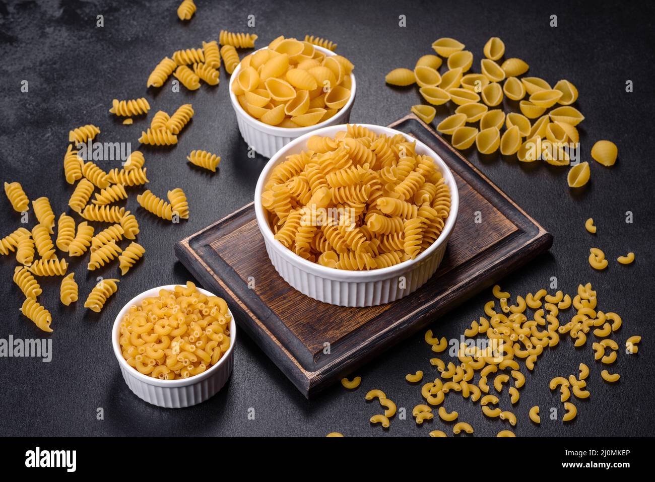 Layout of Italian raw pasta, top view, different types and shapes of ...