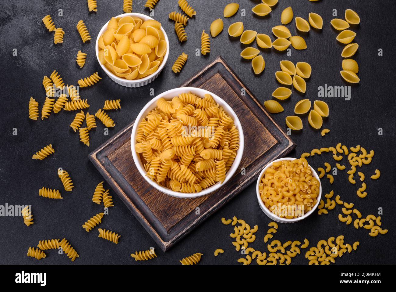 Layout of Italian raw pasta, top view, different types and shapes of ...