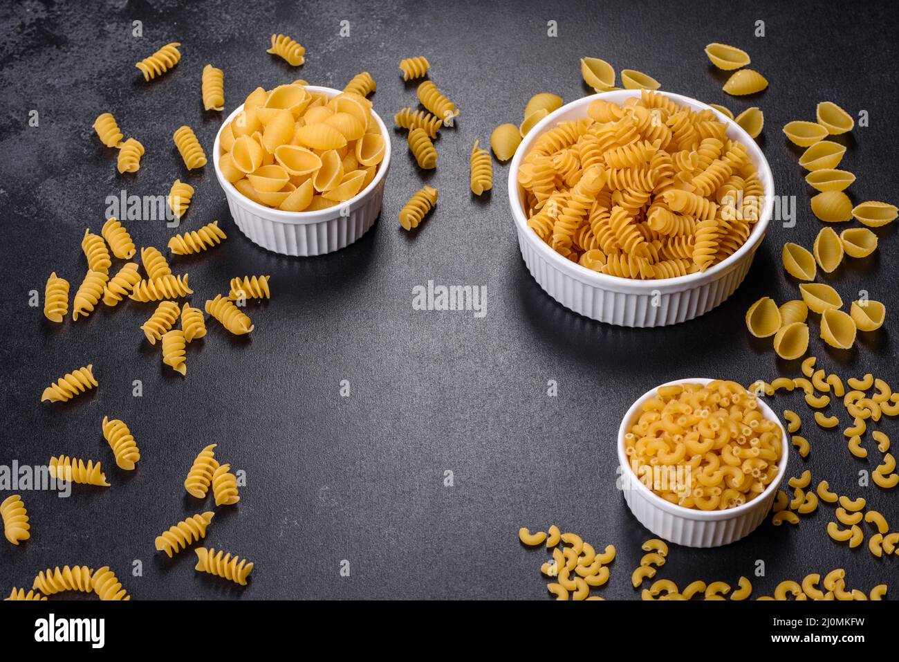 Layout of Italian raw pasta, top view, different types and shapes of ...