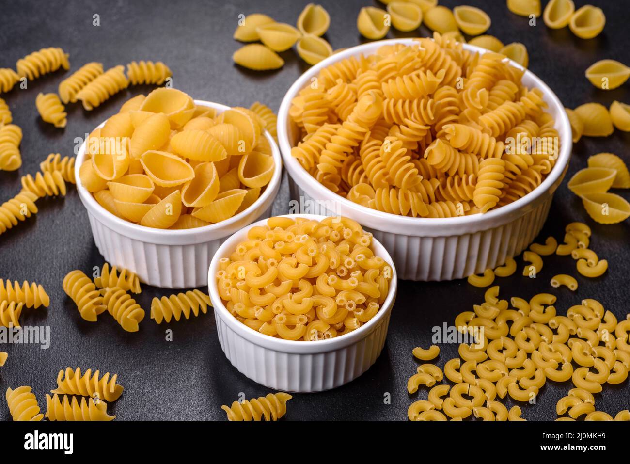 Layout of Italian raw pasta, top view, different types and shapes of ...