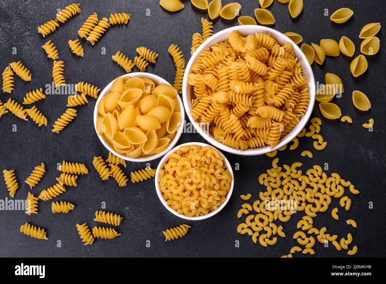 Layout of Italian raw pasta, top view, different types and shapes of ...