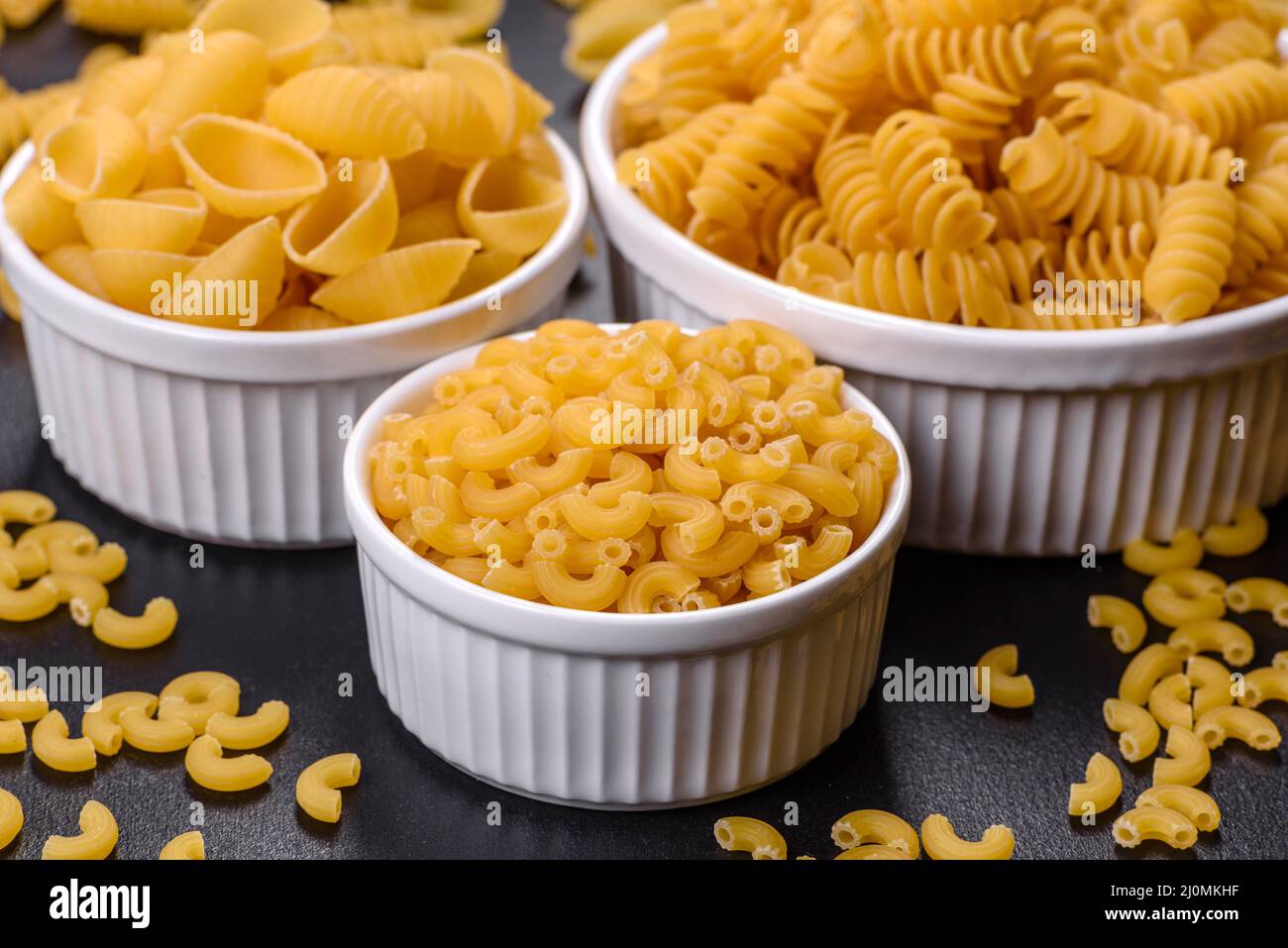 Layout of Italian raw pasta, top view, different types and shapes of ...