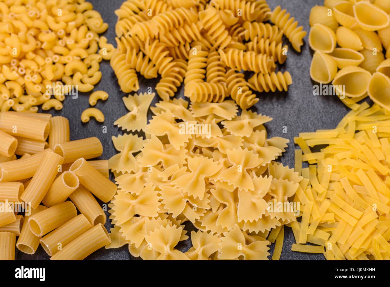 Layout of Italian raw pasta, top view, different types and shapes of ...