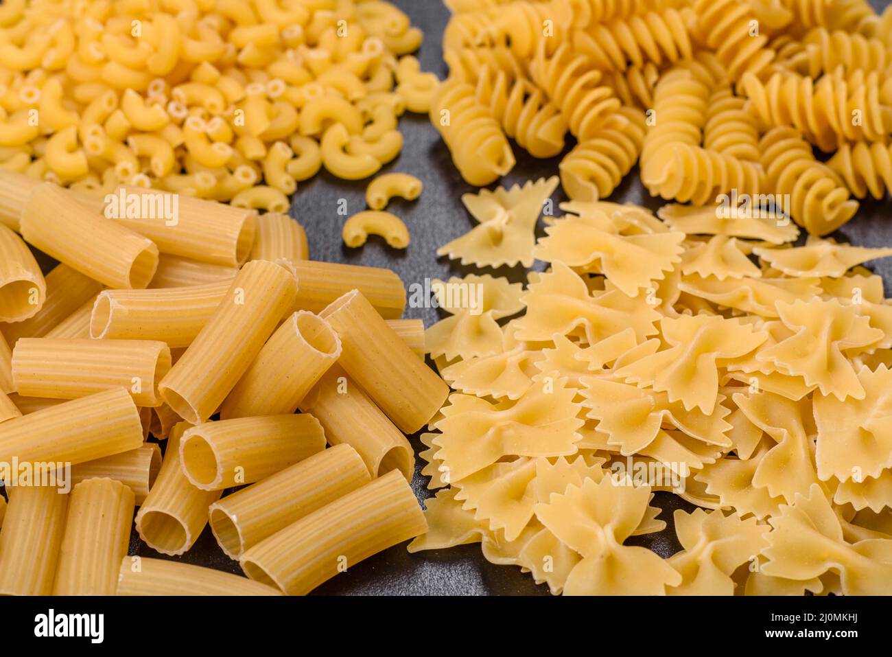 Layout of Italian raw pasta, top view, different types and shapes of ...