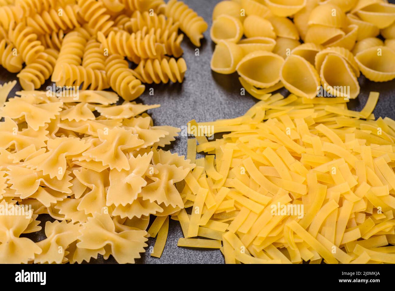 Layout of Italian raw pasta, top view, different types and shapes of ...