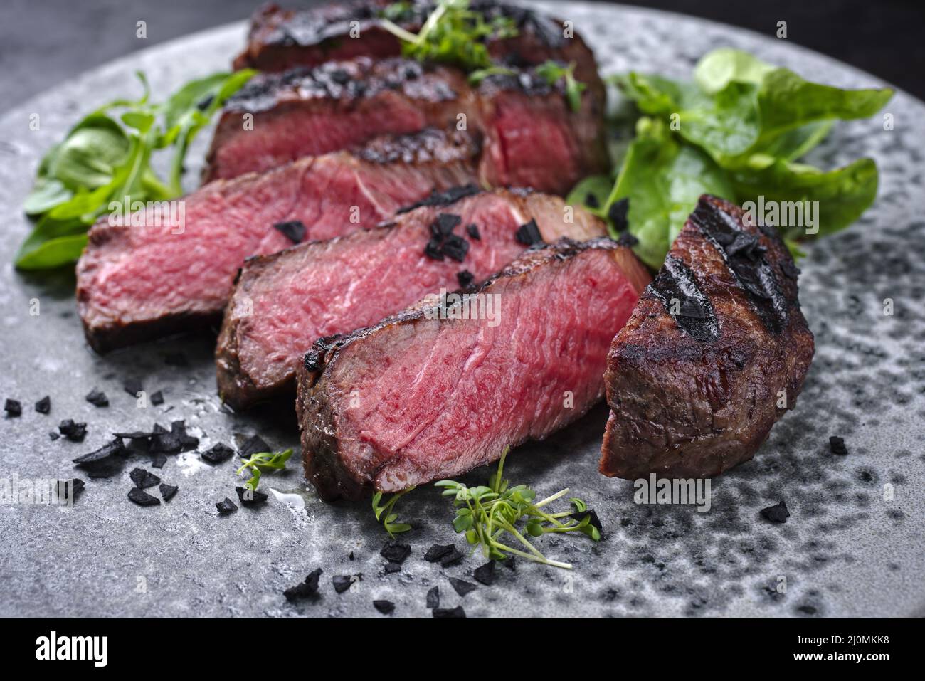 Modern style traditional barbecue dry aged wagyu rib-eye beef steaks ...