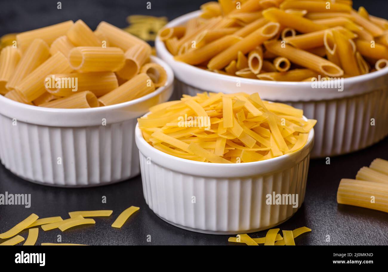Layout of Italian raw pasta, top view, different types and shapes of ...