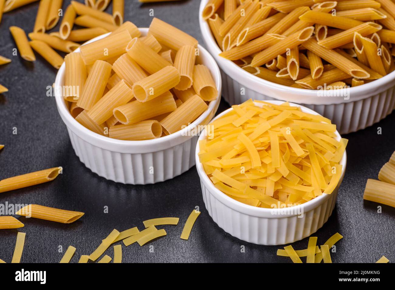 Layout of Italian raw pasta, top view, different types and shapes of ...