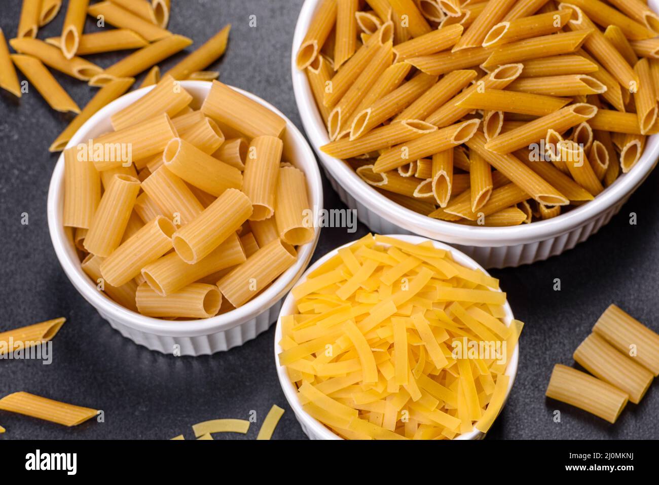 Layout of Italian raw pasta, top view, different types and shapes of ...