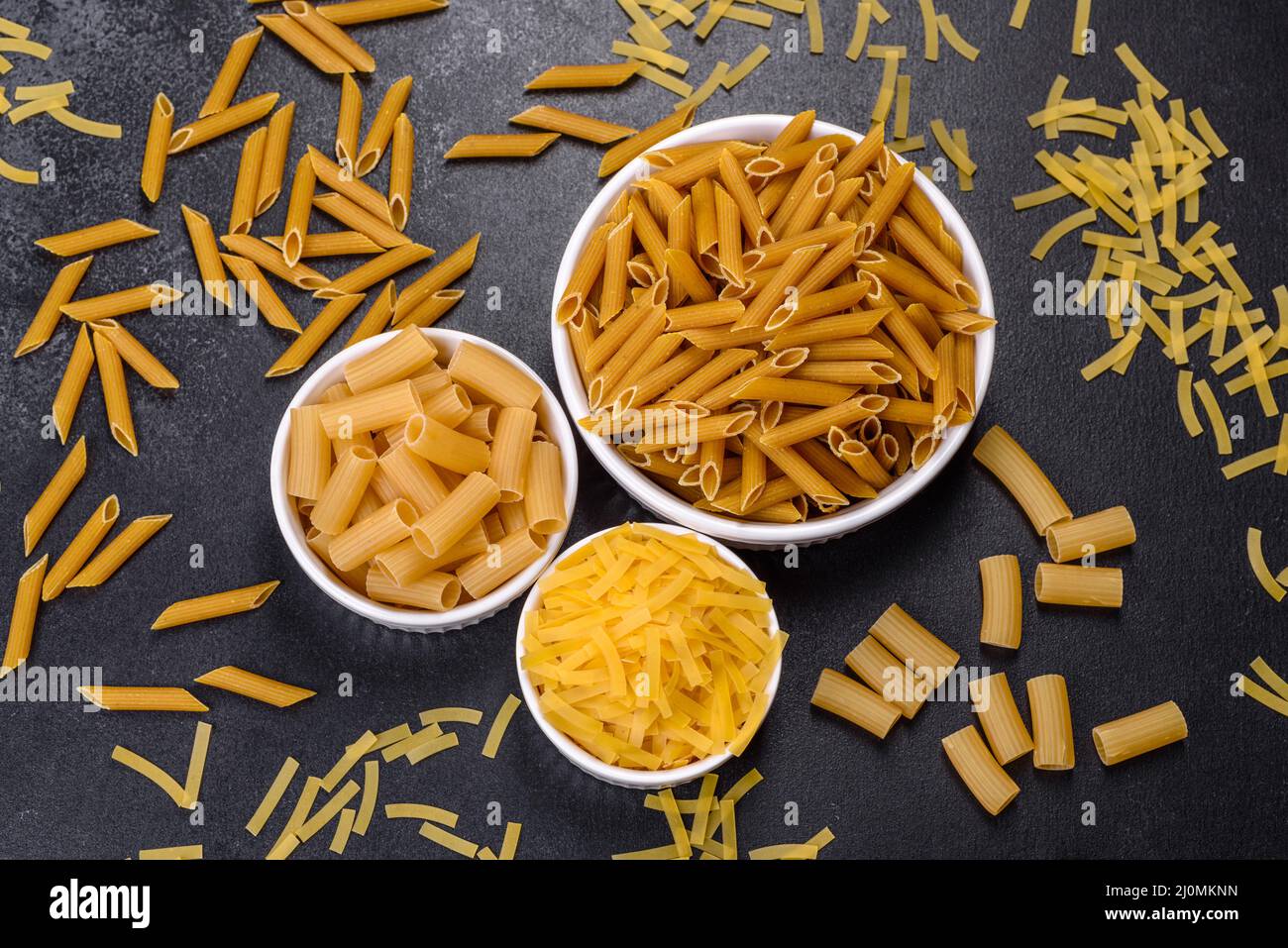 Layout of Italian raw pasta, top view, different types and shapes of ...