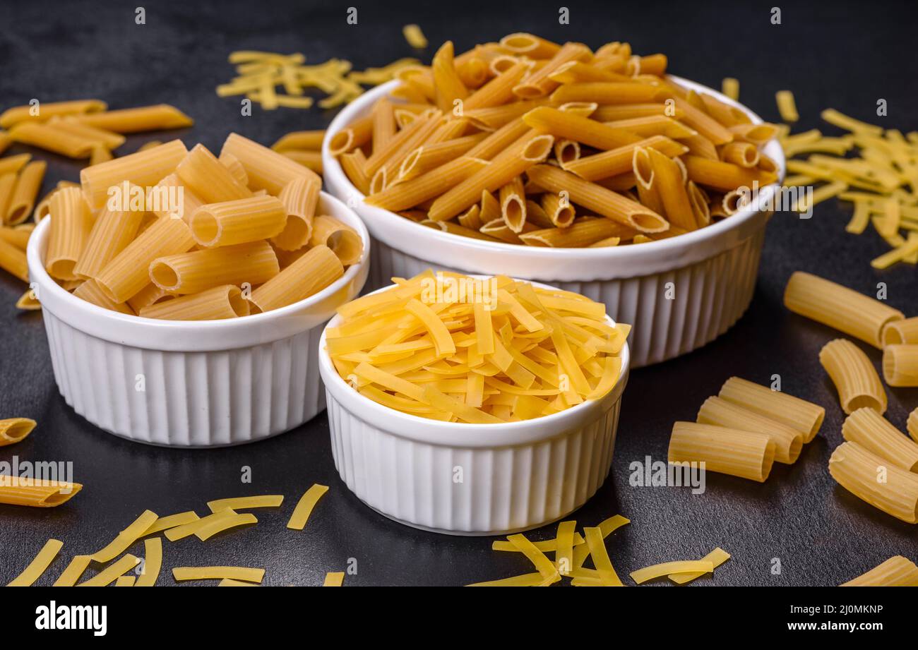 Layout of Italian raw pasta, top view, different types and shapes of ...