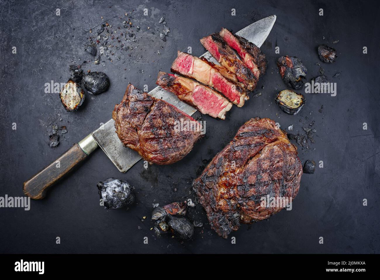 Traditional barbecue dry aged wagyu rib-eye beef steaks with charred ...