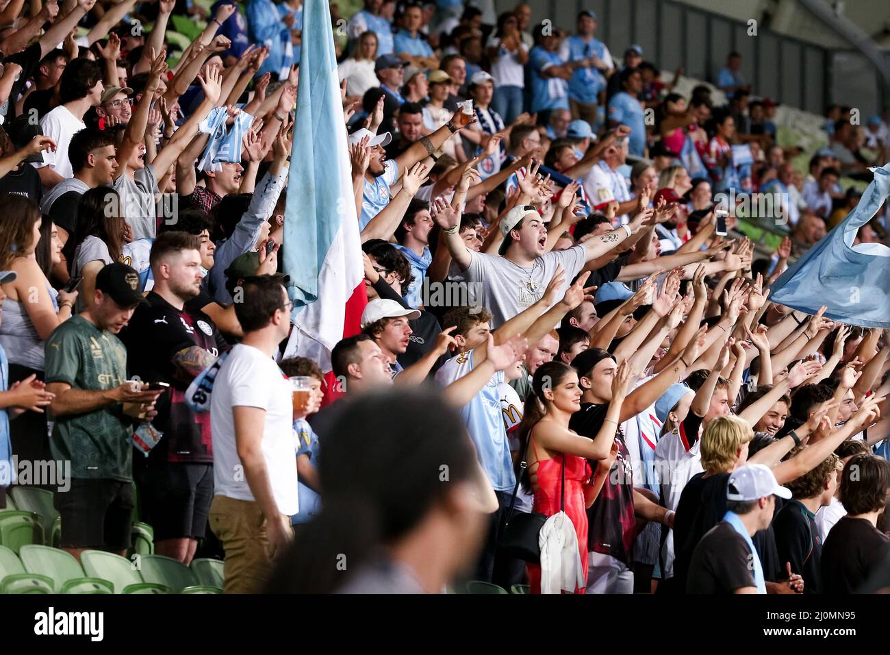 Melbourne, Australia, 19 March, 2022. Melbourne City fans cheer during ...