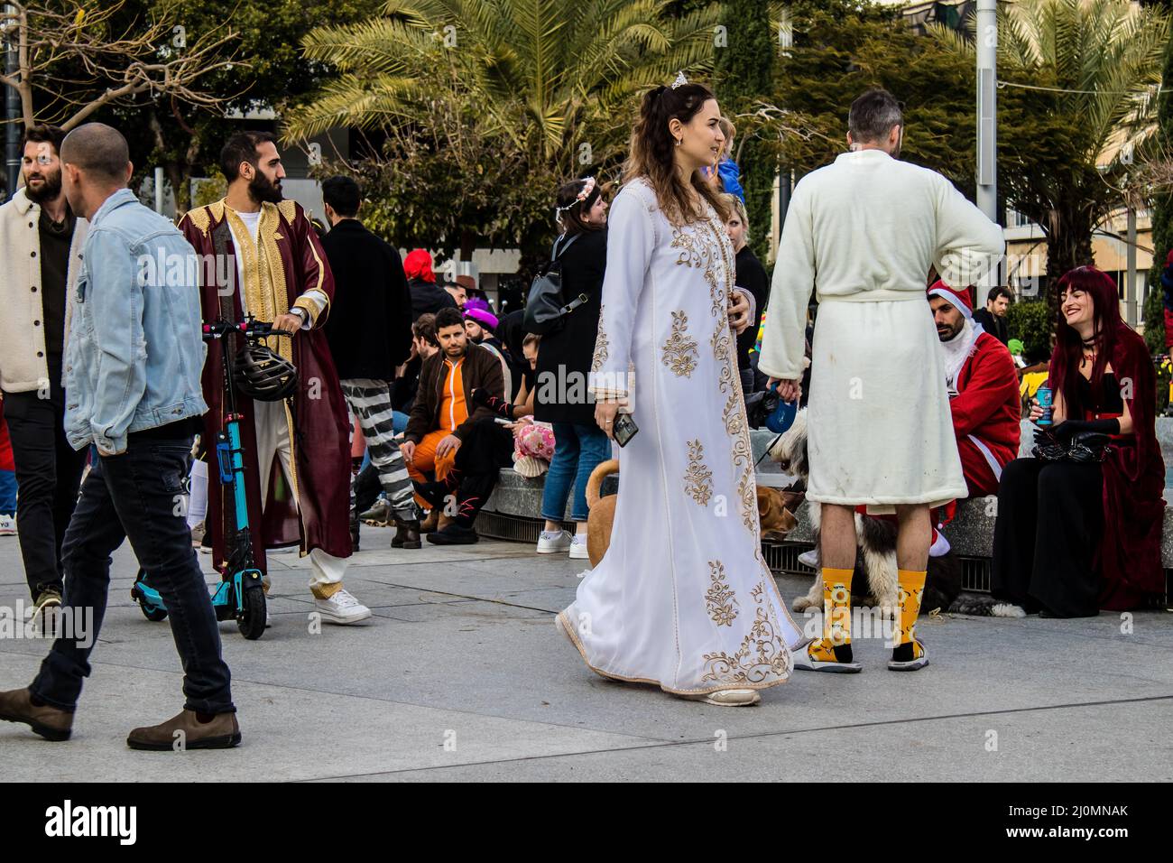Tel Aviv, Israel - March 18, 2022 Israeli people at Dizengoff square ...