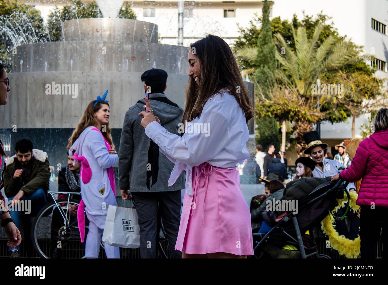 Tel Aviv, Israel - March 18, 2022 Israeli people at Dizengoff square ...