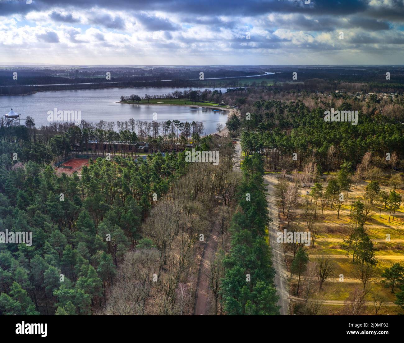 Aerial view of Tankumsee, a recreational lake in heath landscape near ...