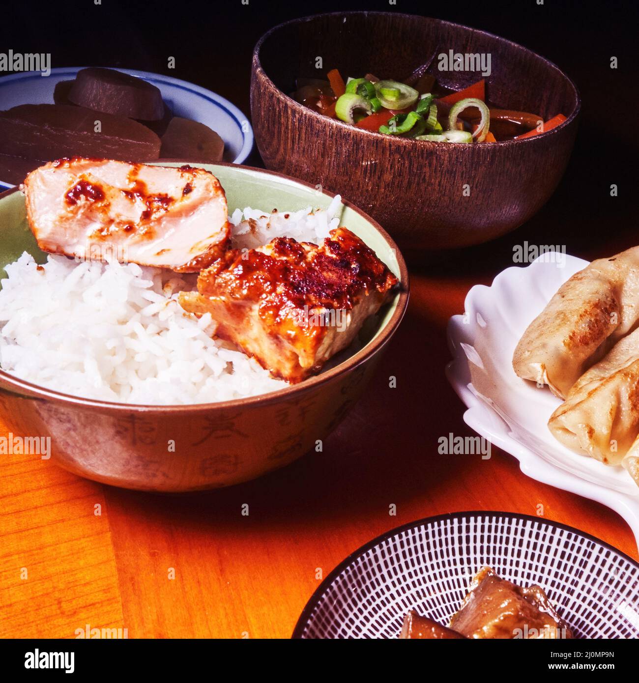 Japanese food in small bowls with rice, salmon, gyoza and eggplant ...