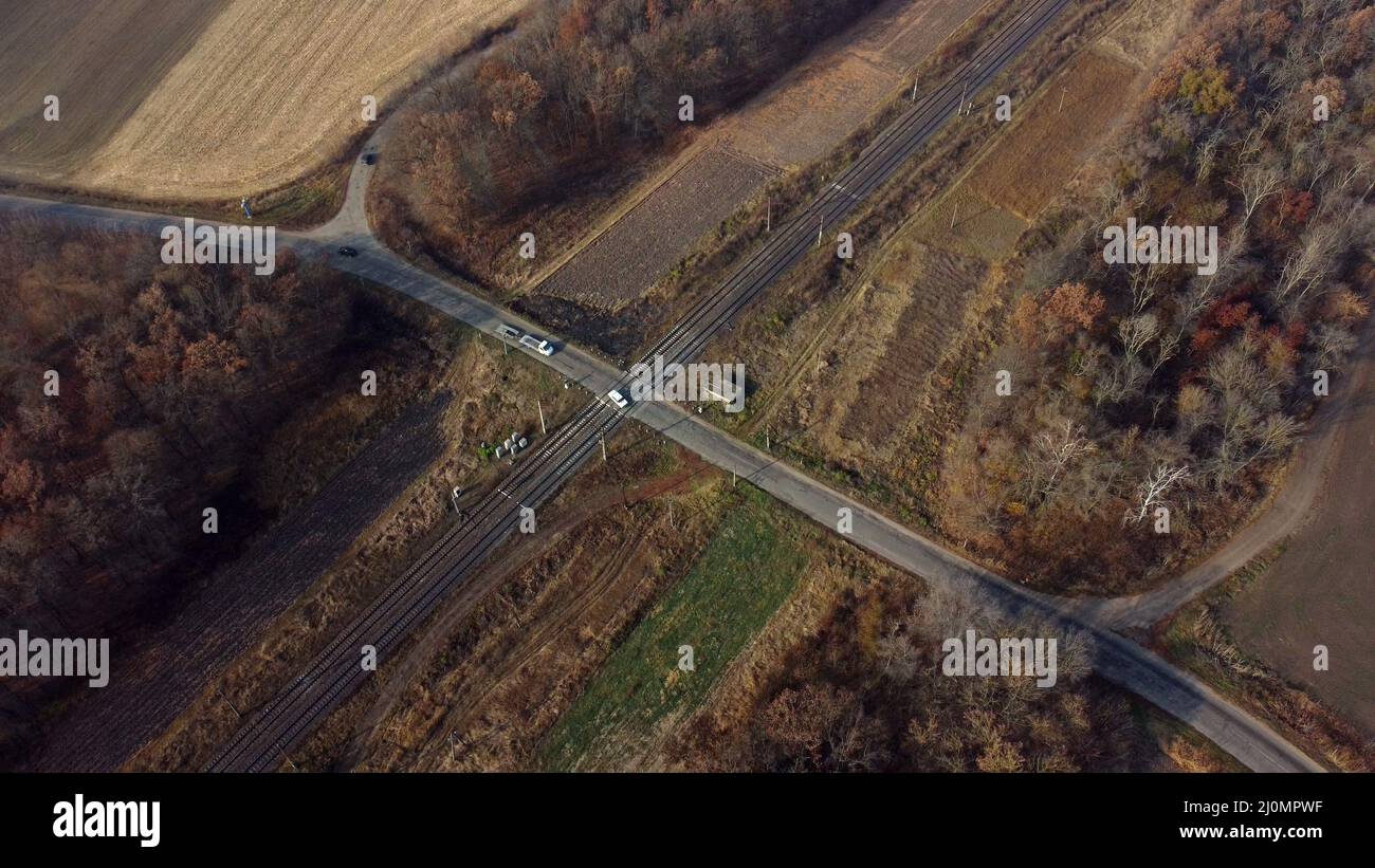 Panoramic View of Railroad Crossing Between Trees Fields Autumn Day ...