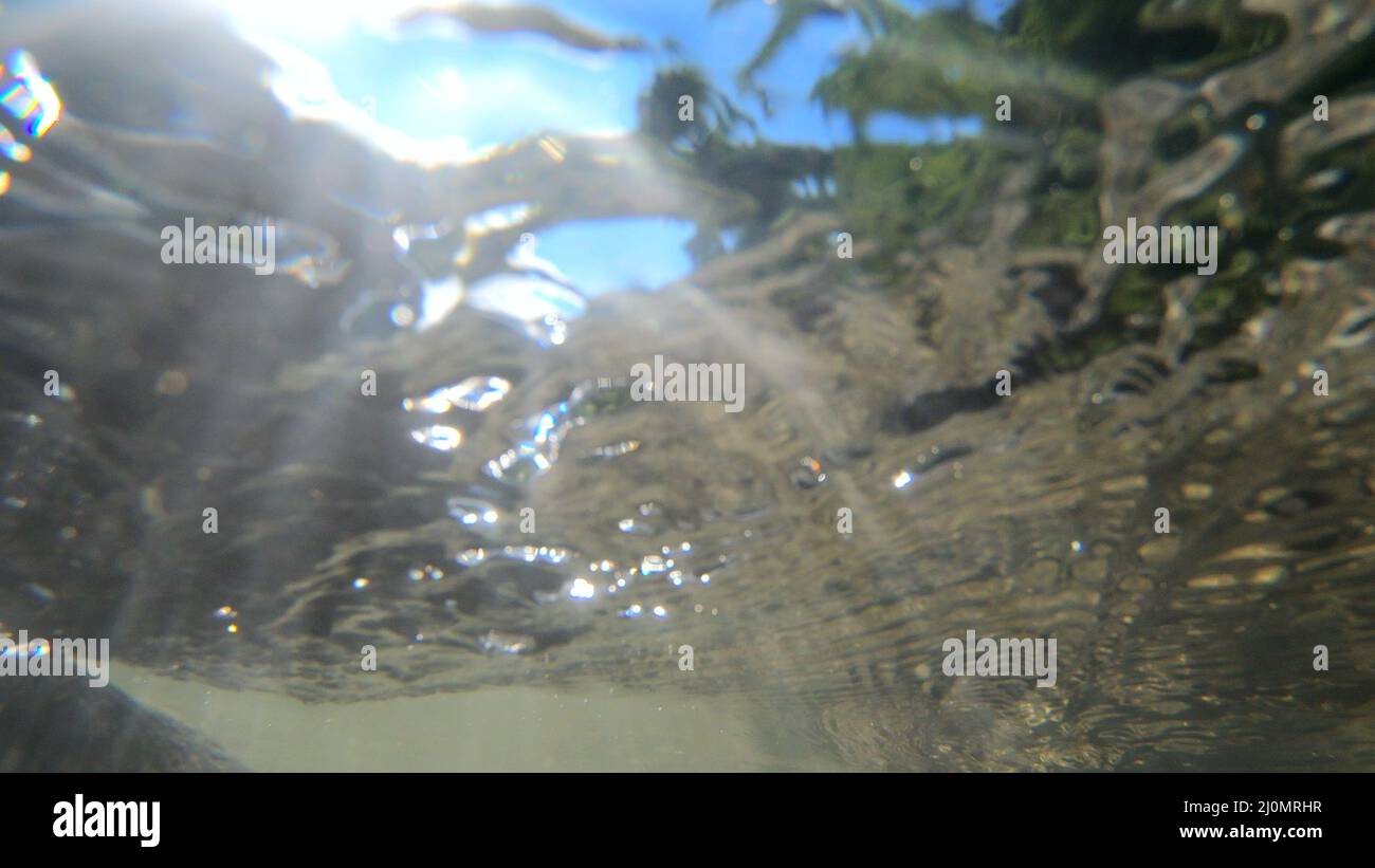 Abstract blurred background view of flowing water in river from below ...