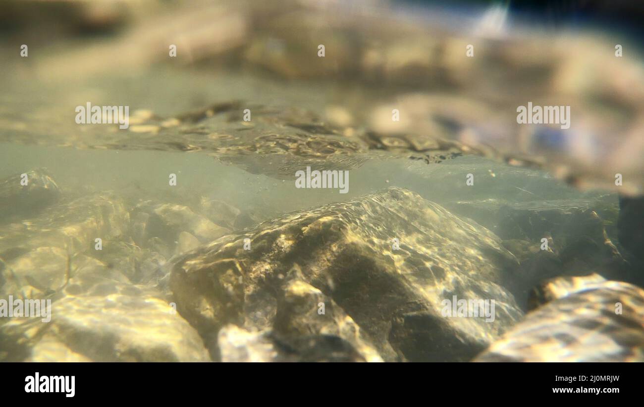 Flowing water, skylight of sun through water, stones lying at bottom ...