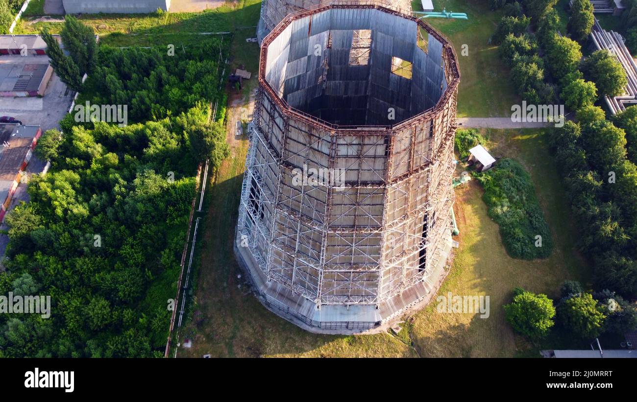 Aerial drone view flight near thermal power plant. Cooling towers of ...