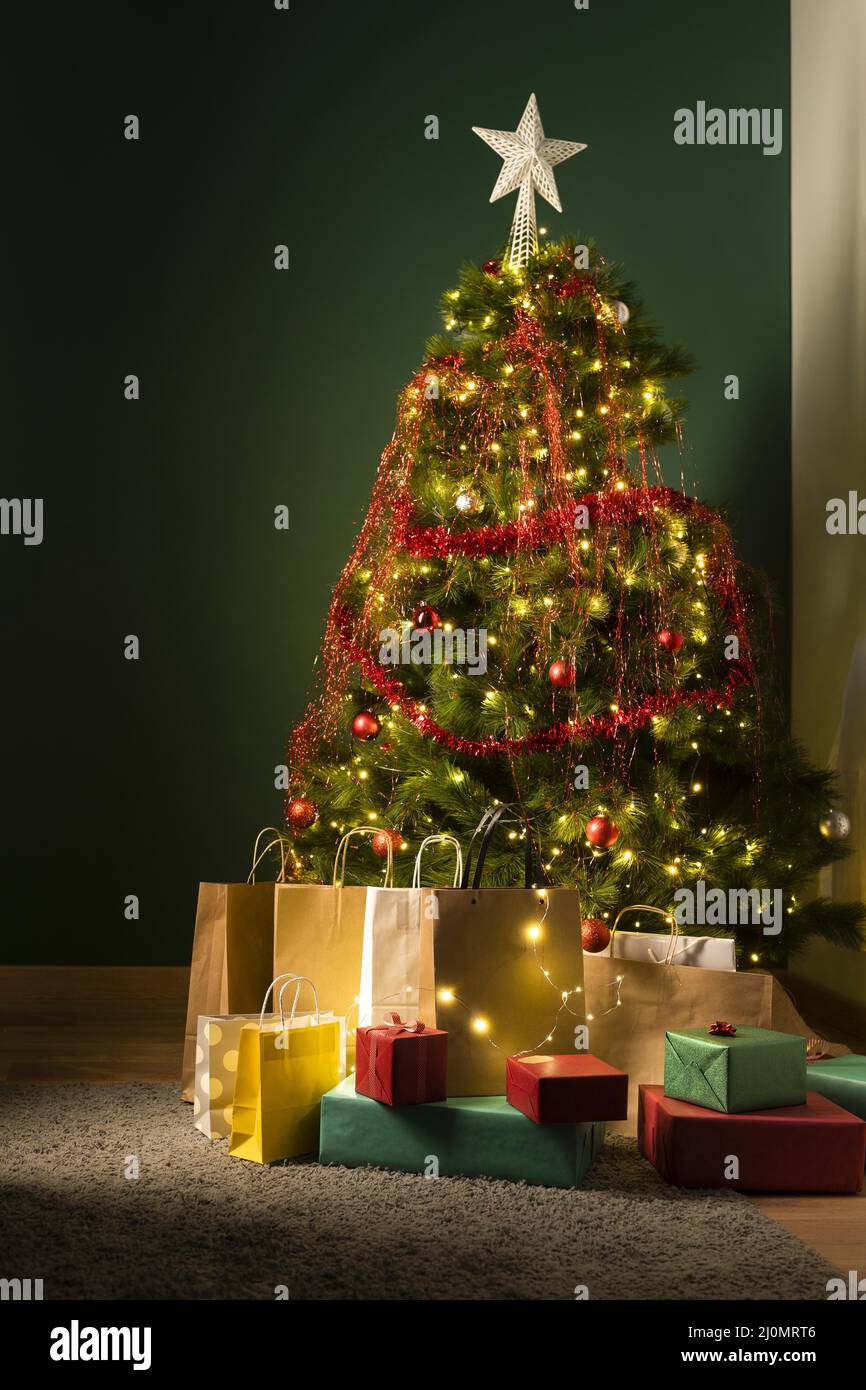 Front view christmas tree gifts Stock Photo - Alamy