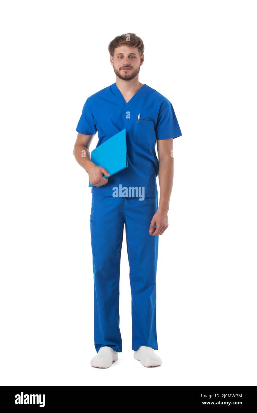 Male nurse holding file folder isolated on white background Stock Photo ...