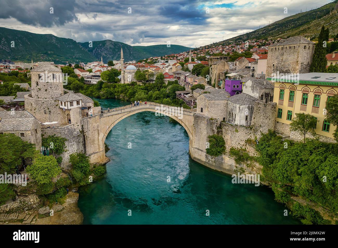 Aerial view of the old bridge of Mostar, famous touristic destination ...