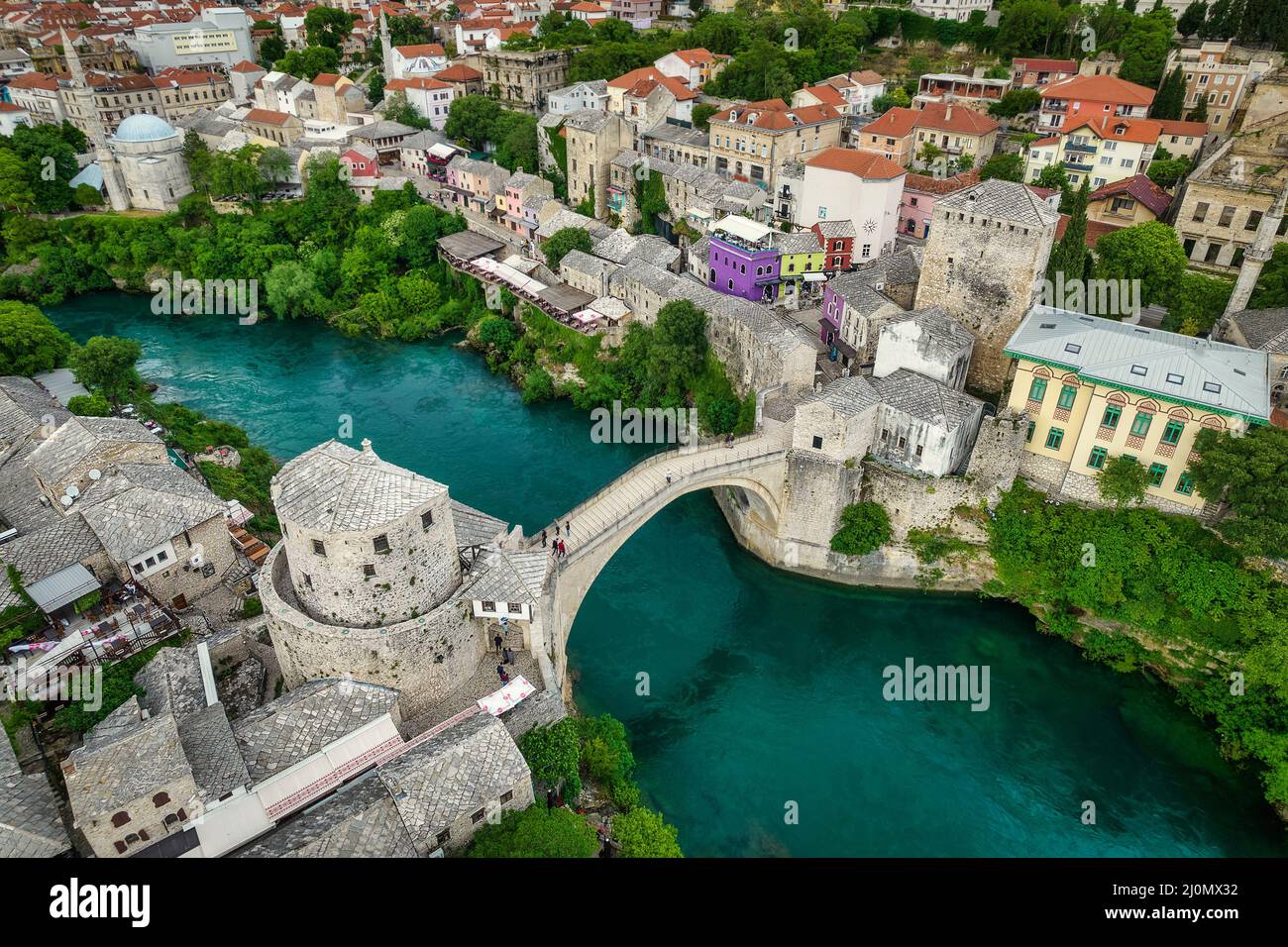 Aerial view of the old bridge of Mostar, famous touristic destination ...