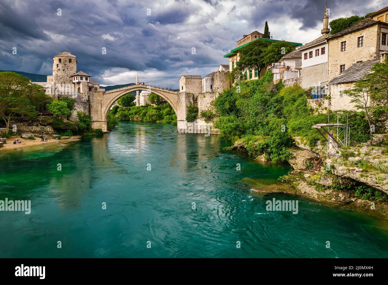 Aerial view of the old bridge of Mostar, famous touristic destination ...