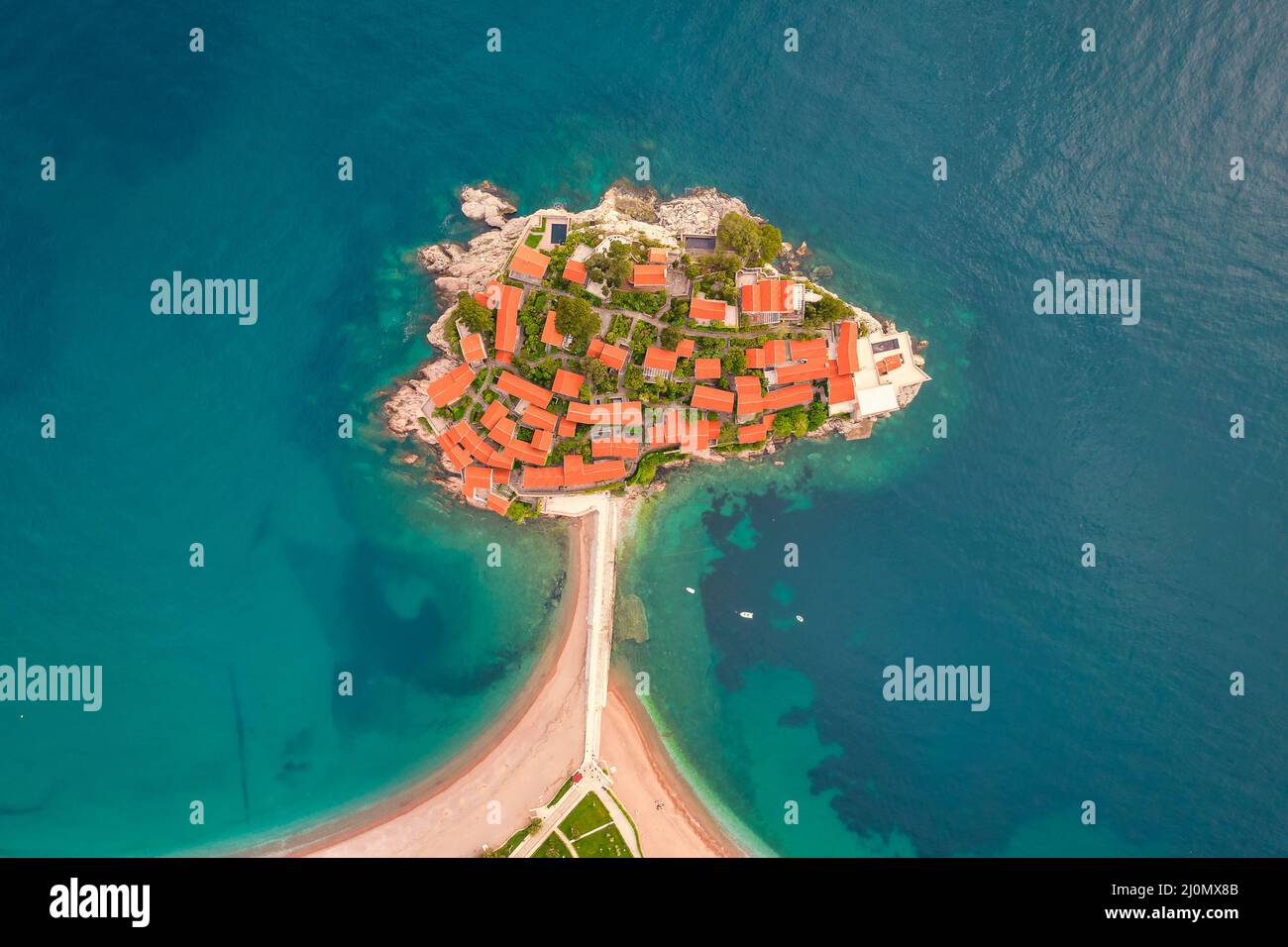 Aerial view of famous Sveti Stefan island, luxurious resort in ...