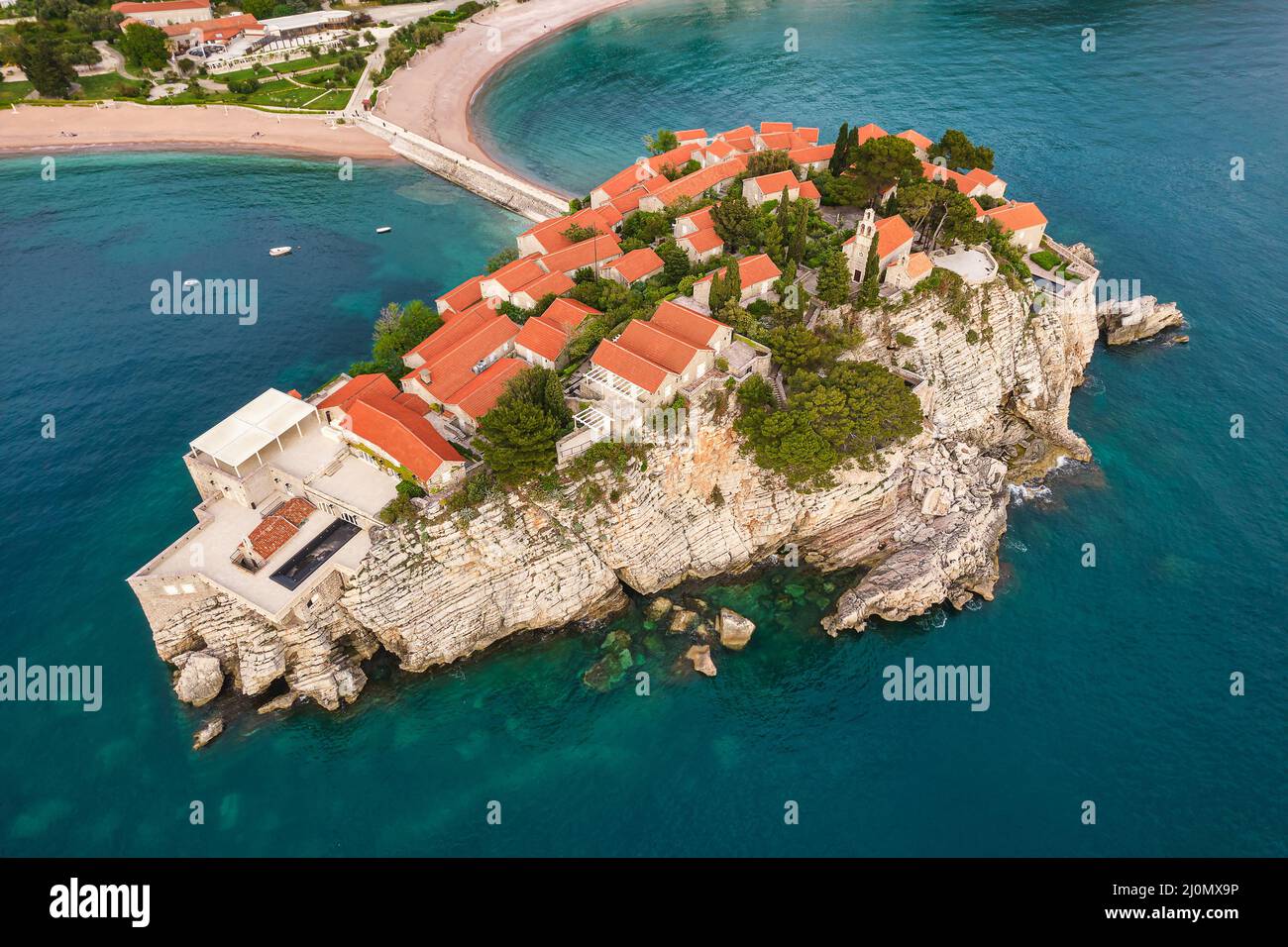 Aerial view of famous Sveti Stefan island, luxurious resort in ...