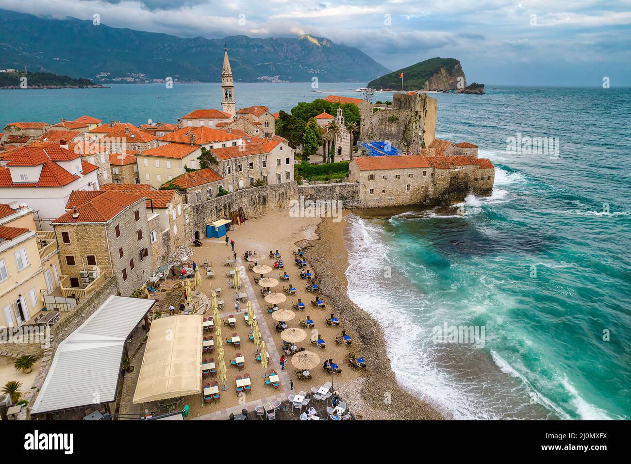 Aerial view of Budva old town and a small beach, Montenegro Stock Photo ...