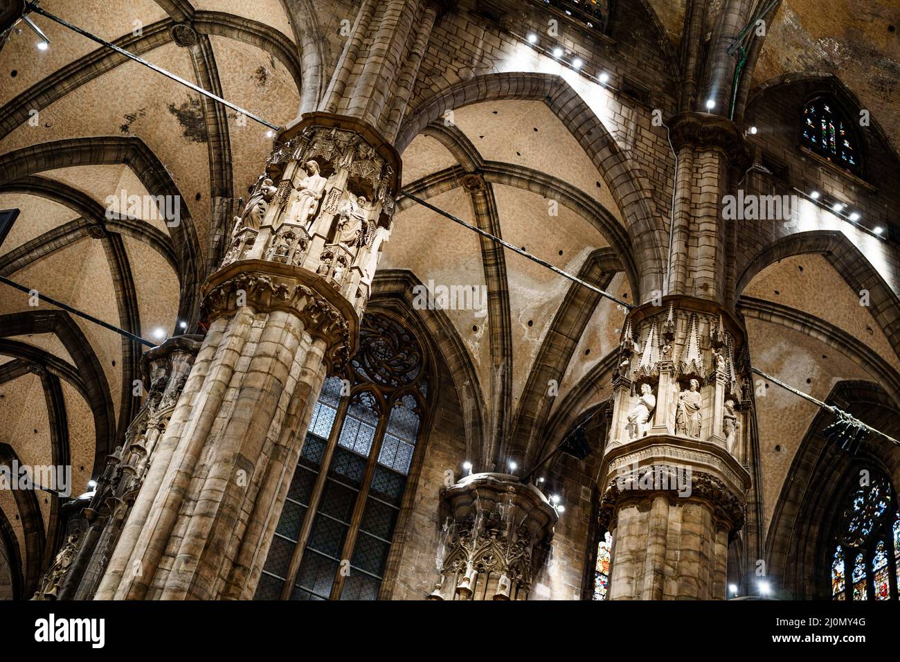 High vaulted ceiling with lighting in the Duomo. Italy, Milan Stock ...