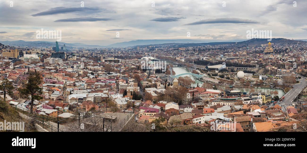 Panoramic view of Tbilisi historical city center and Kura river ...