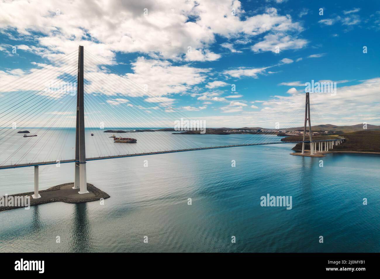 Aerial view of famous cable-stayed bridge to Russky island from ...