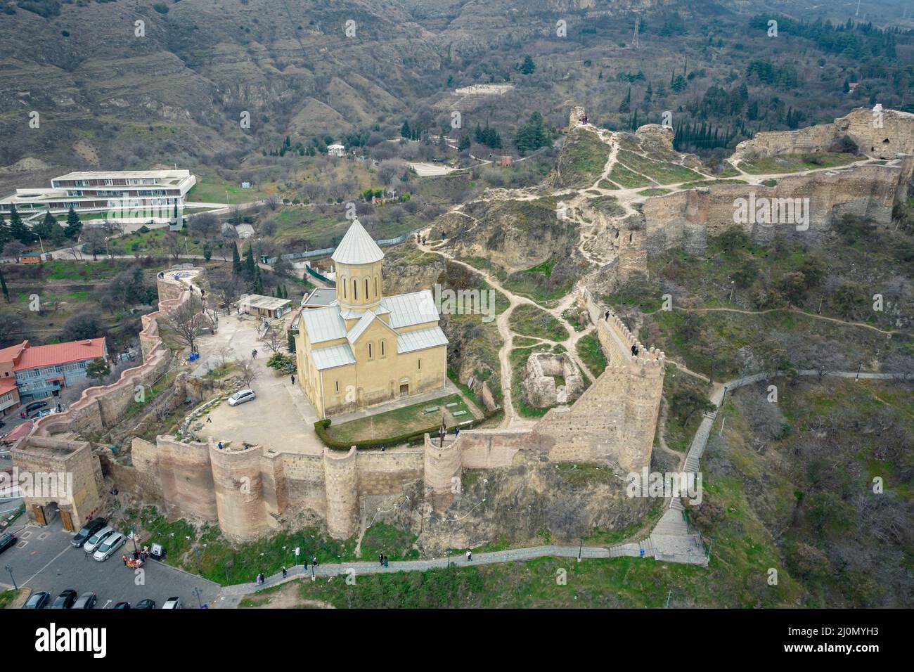 Aerial view of Narikala Fortress - old castle in Tbilisi city center ...