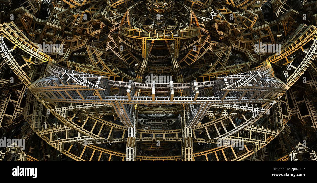 Fractal bridge building metallic city. Abstract Computer generated ...