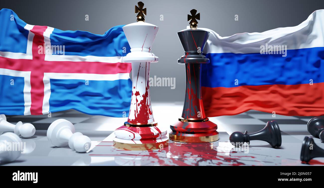 Iceland and Russia war, conflict and crisis. National flags, chess ...