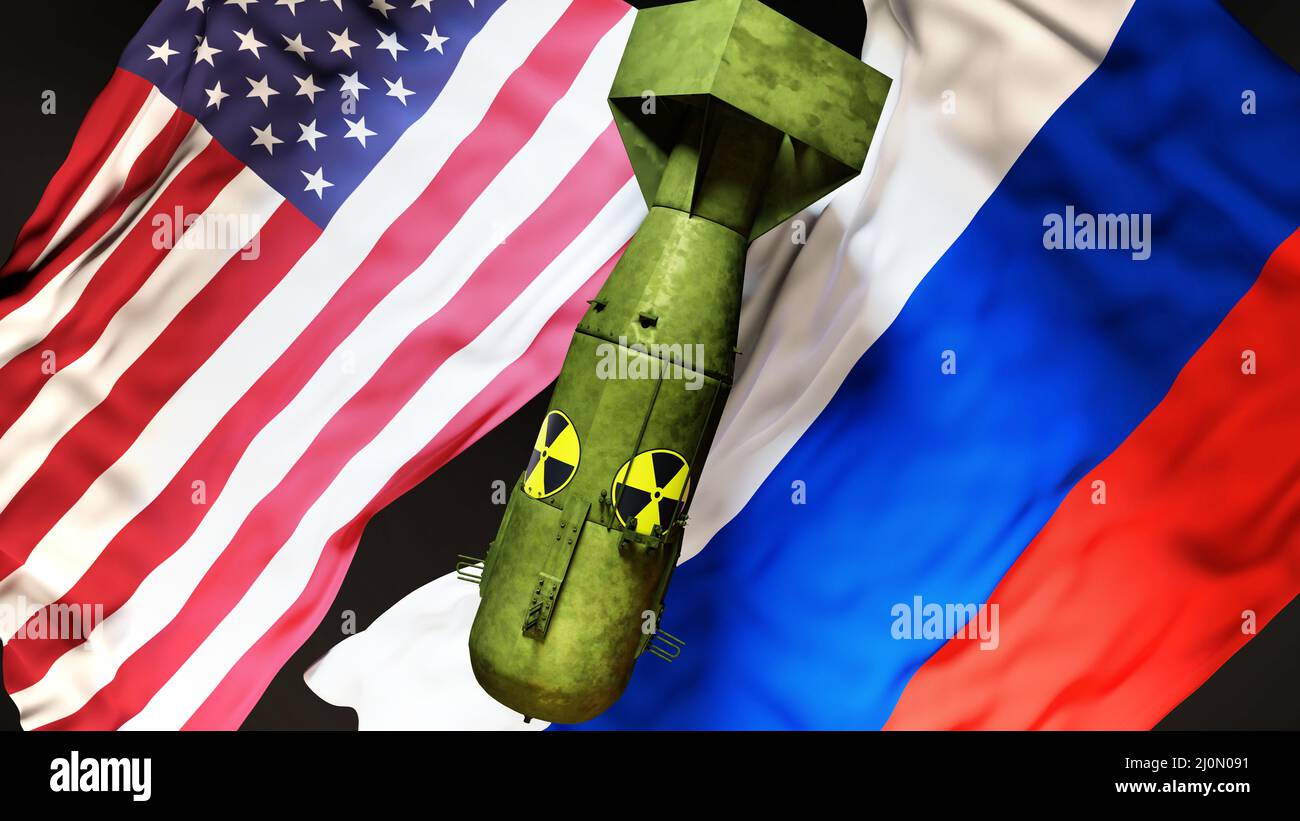 USA and Russia nuclear war, conflict and crisis. National flags and an ...