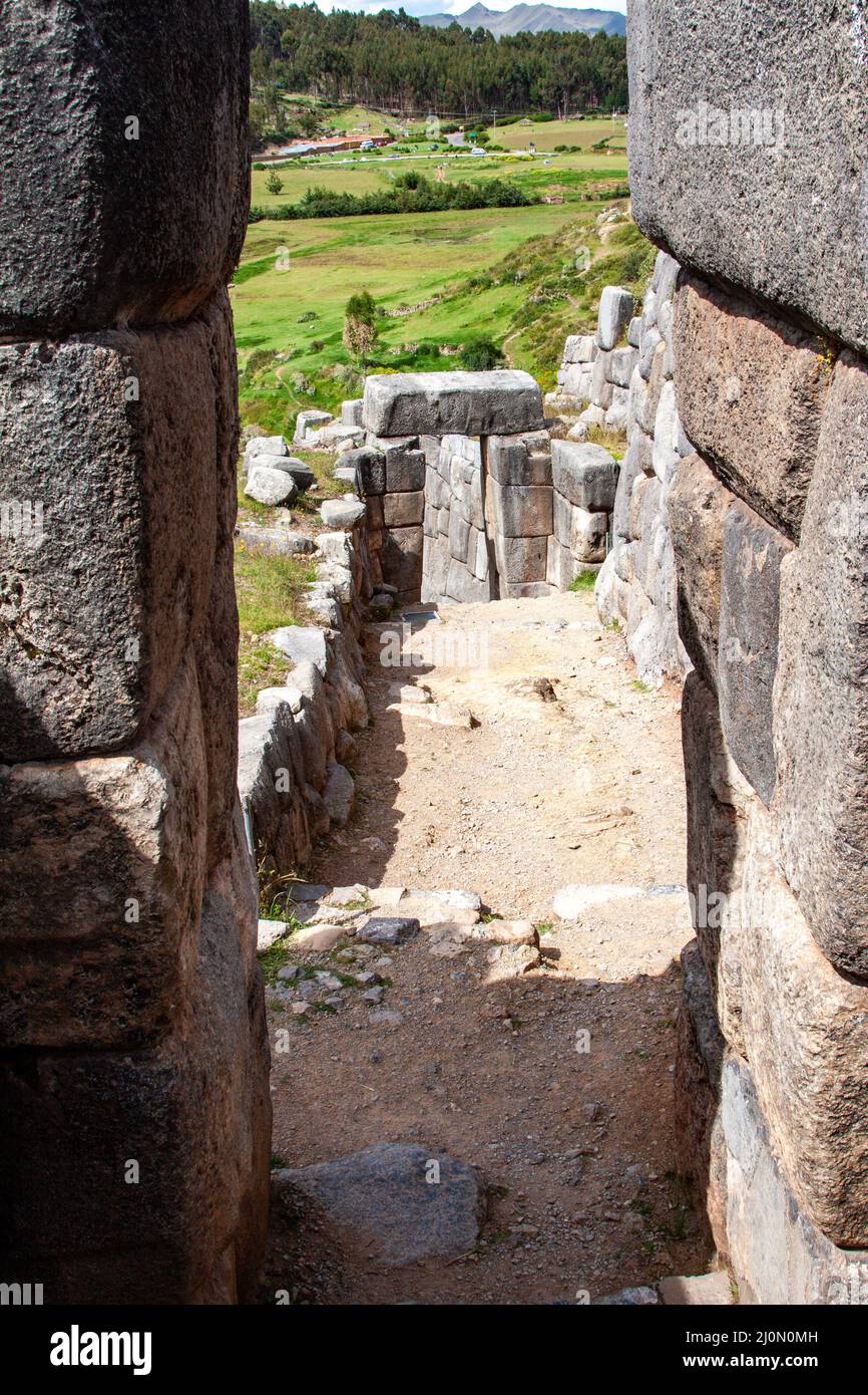 Beautiful view of the Saqsaywaman Inca archaeological site with large ...