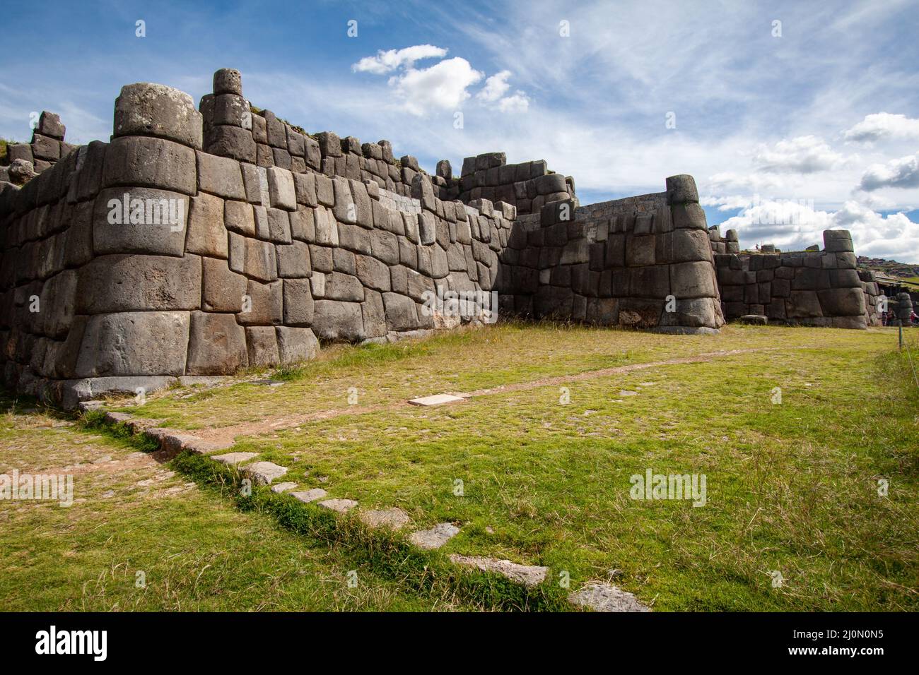Beautiful view of the Saqsaywaman Inca archaeological site with large ...
