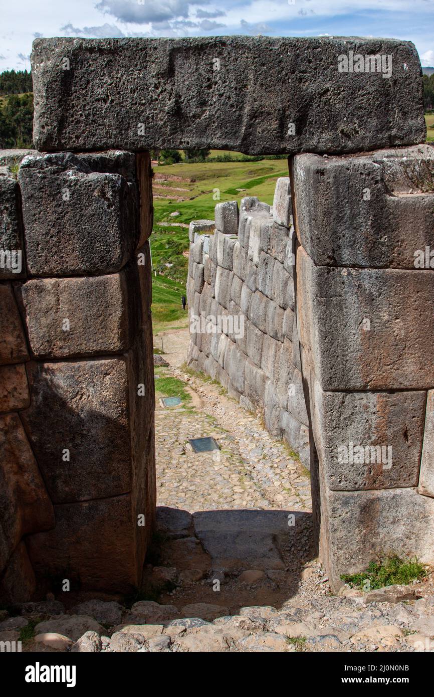 Beautiful view of the Saqsaywaman Inca archaeological site with large ...